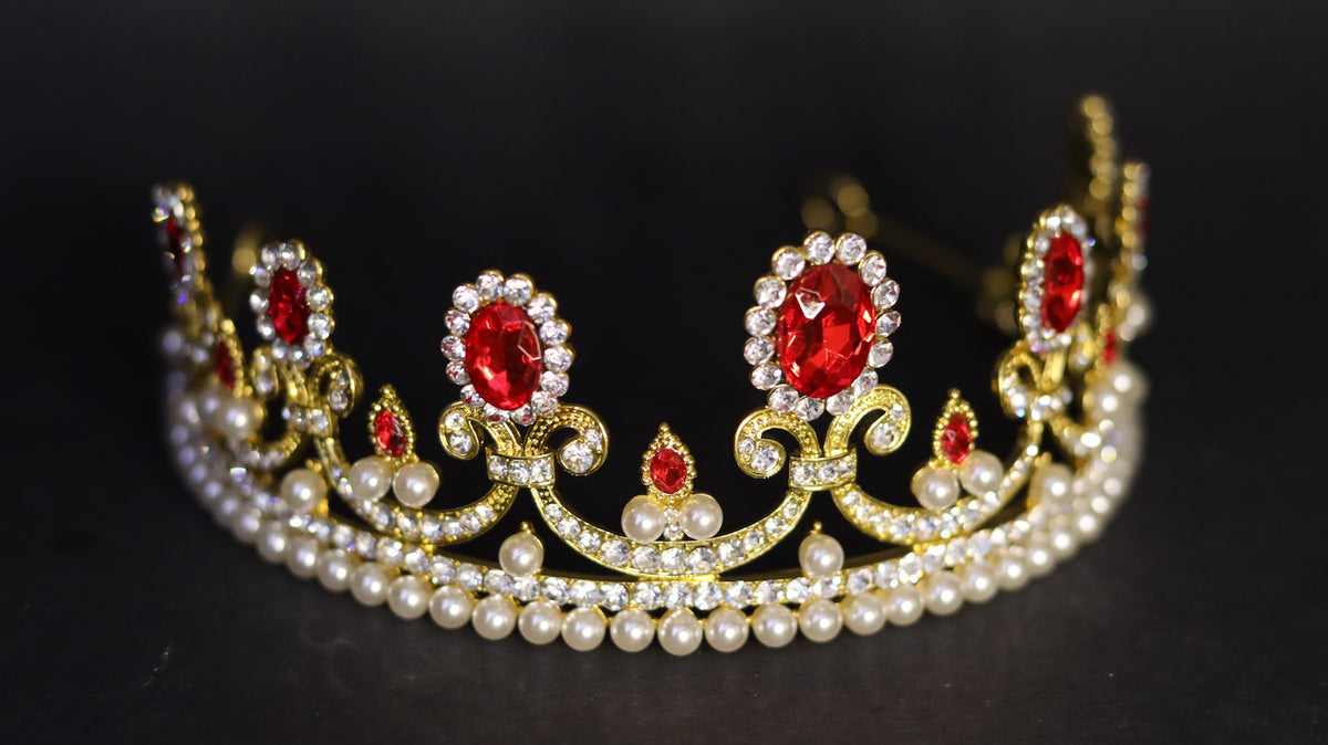 Luxury Gorgeous Gold Tiara Red Rhinestone Pearl Metal, Red Stones ...